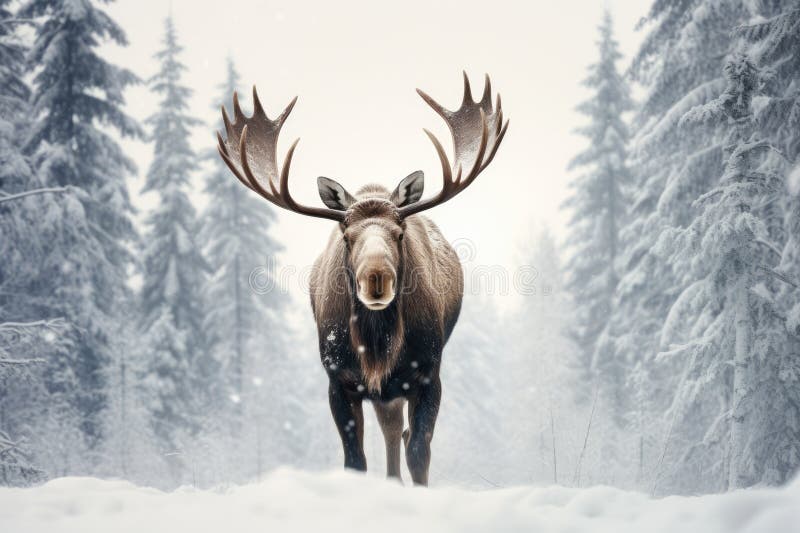 Moose Stand in Wild in Winter Forest with Snow. Stock Image - Image of ...