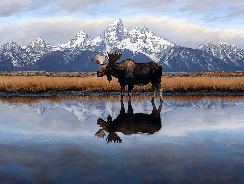 A Moose Standing in a Field with Mountains in the Background Stock ...