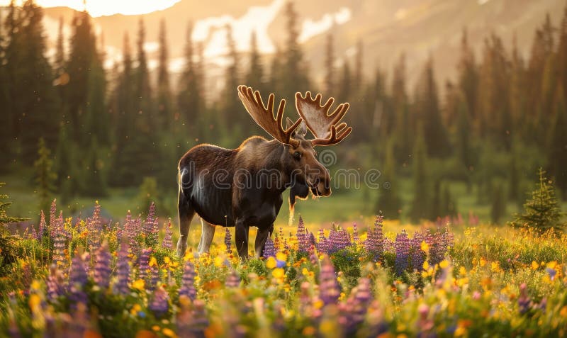 Moose Standing in a Field of Wildflowers Stock Image - Image of ...