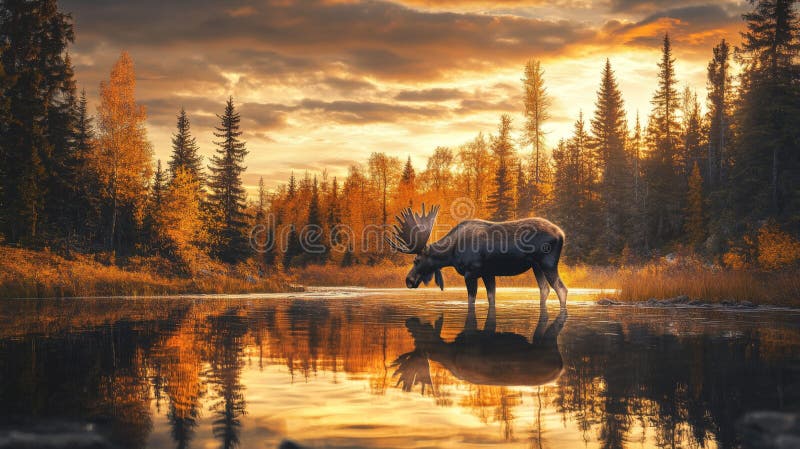 Moose Standing in a Forest Lake at Sunset Stock Illustration ...