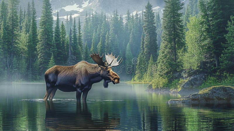 Moose Standing Knee-deep in a Tranquil Lake, Surrounded by Towering ...