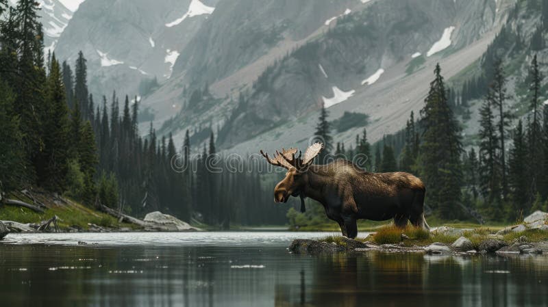 Moose Standing by a Lake in a Mountainous Landscape Stock Photo - Image ...