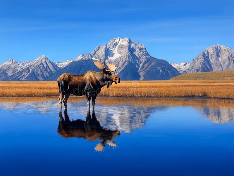 A Moose Standing in the Middle of a Lake with Mountains in the ...