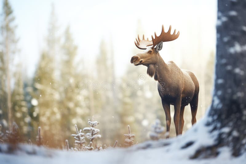 Moose Standing Near Snow Dusted Pine Trees Stock Image - Image of pine ...
