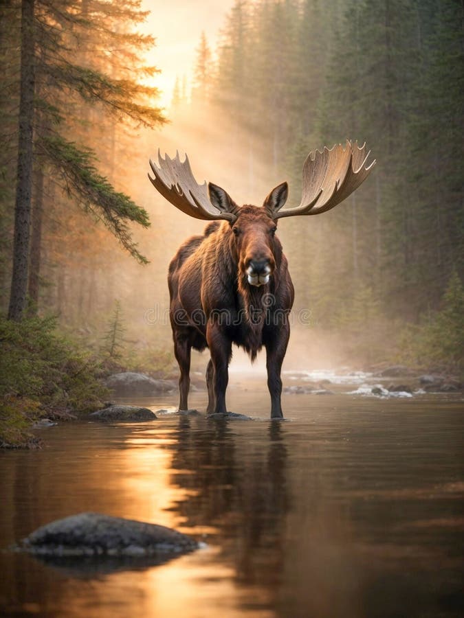 Moose Standing in a Pristine Stream Surrounded by Lush Trees and ...