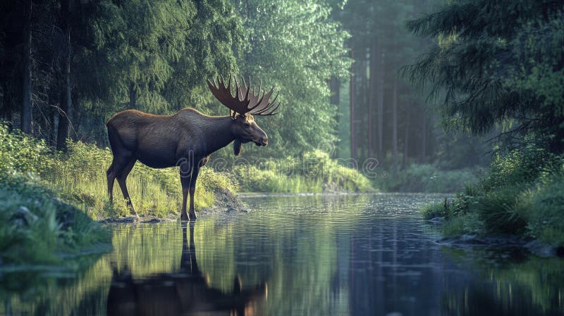 A Moose Standing in a River Next To Some Trees, AI Stock Photo - Image ...