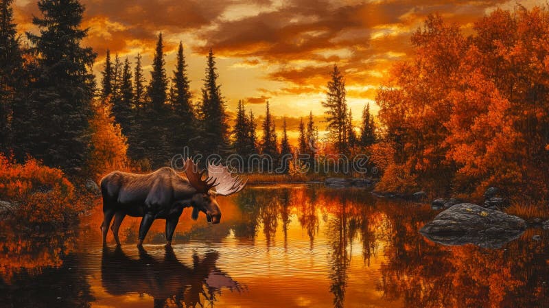 Moose Standing in a River at Sunset in a Forest Stock Illustration ...