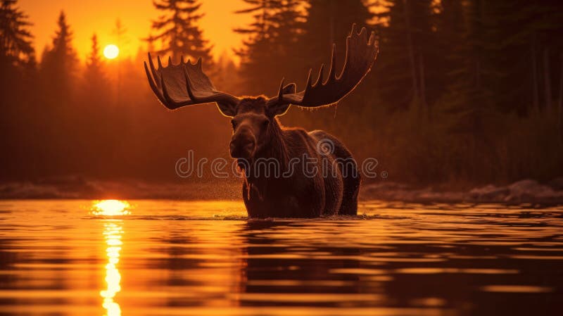 A Moose is Standing in the Water at Sunset, AI Stock Illustration ...