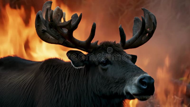 A Moose Stands in Front of a Raging Forest Fire. Stock Footage - Video ...