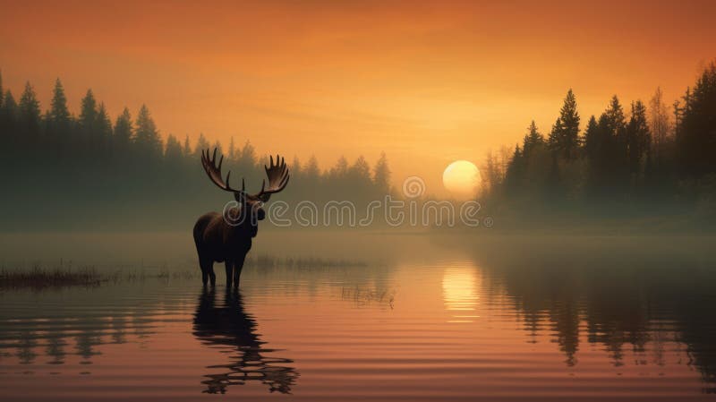 A Moose Stands in the Water at Sunset, AI Stock Illustration ...