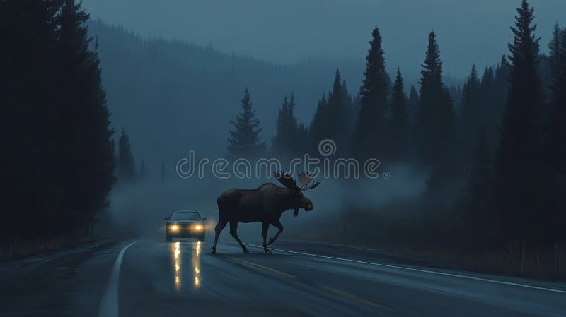 A Moose Strides Across a Quiet Road at Night, Its Massive Quality Pic ...