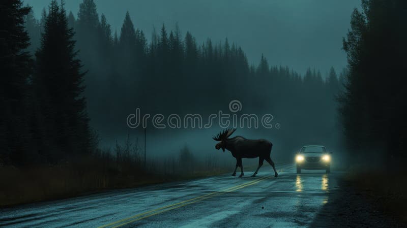 A Moose Strides Across a Quiet Road at Night, Its Massive Quality Pic ...