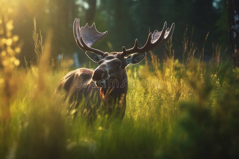 Moose in Tall Grass Backlit by the Sun, Generative Ai Stock Photo ...