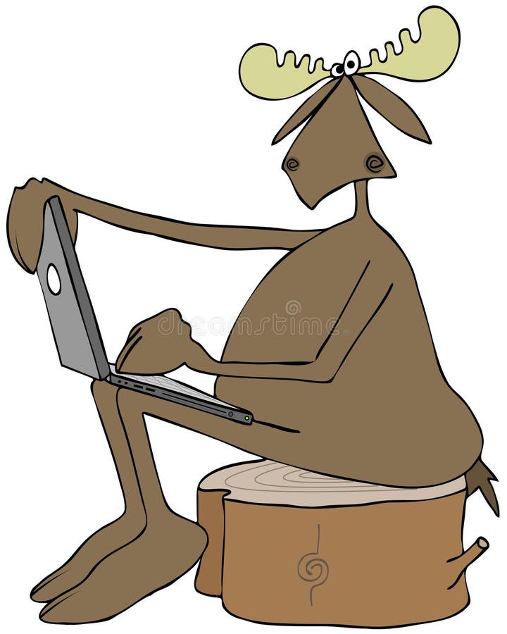 Moose using a laptop stock illustration. Illustration of stump - 75412611