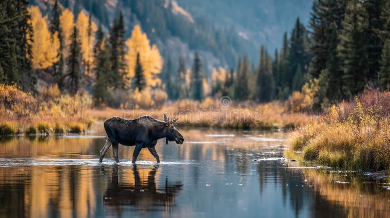 Moose Walking in Autumn River with Mountain Background Stock ...