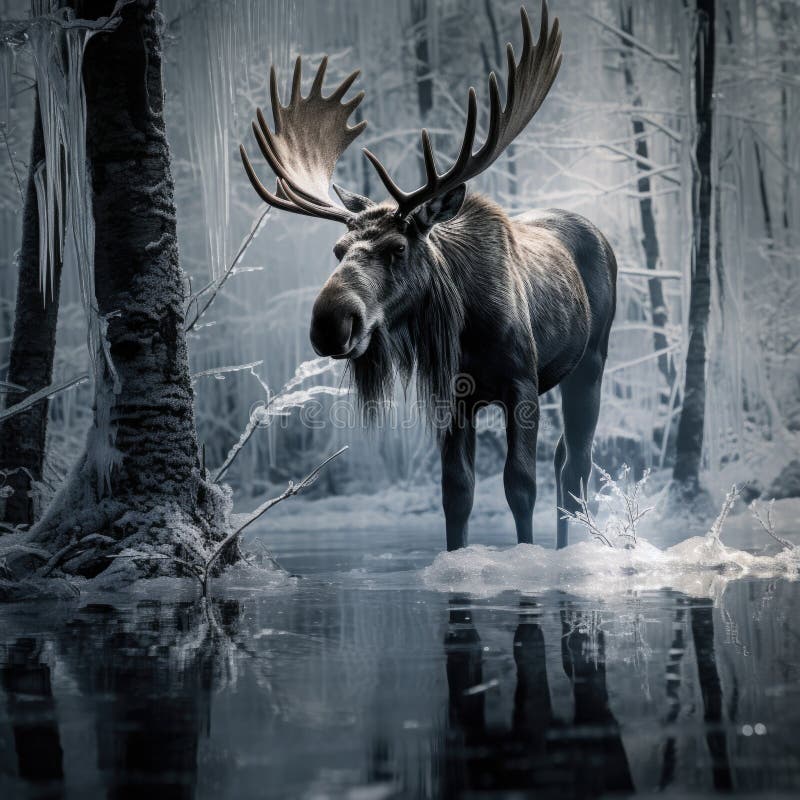 Moose Walking in the Forest with Ice Stock Illustration - Illustration ...
