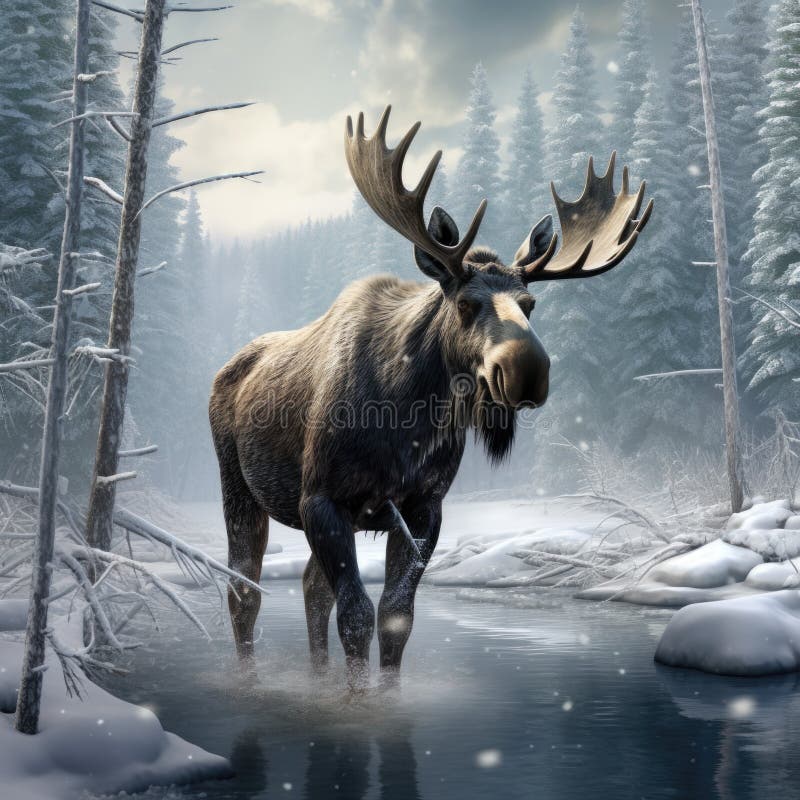 Moose Walking in the Forest with Ice Stock Illustration - Illustration ...