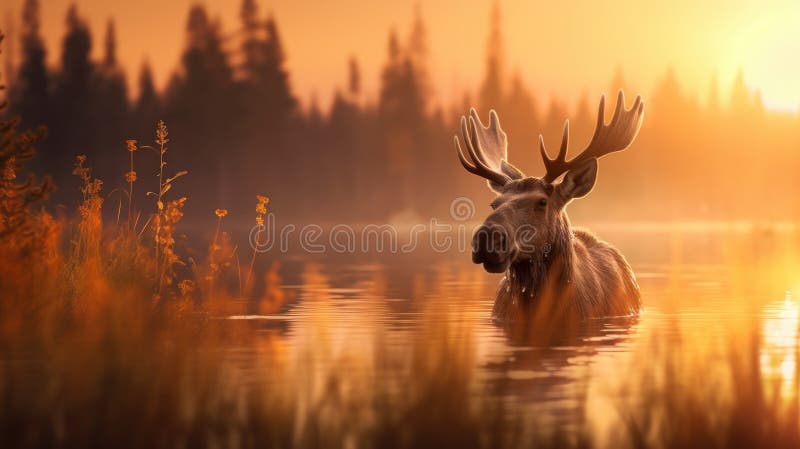 Moose in the Water at Sunset, AI Stock Photo - Image of water, scene ...