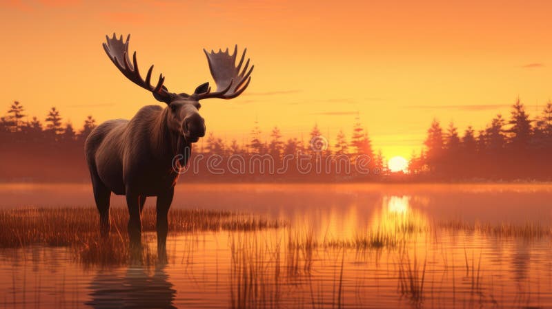 Moose in the Water at Sunset, AI Stock Illustration - Illustration of ...