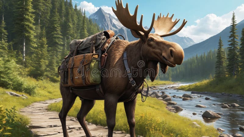 A Moose Wearing a Backpack Walks through a Serene River Valley ...
