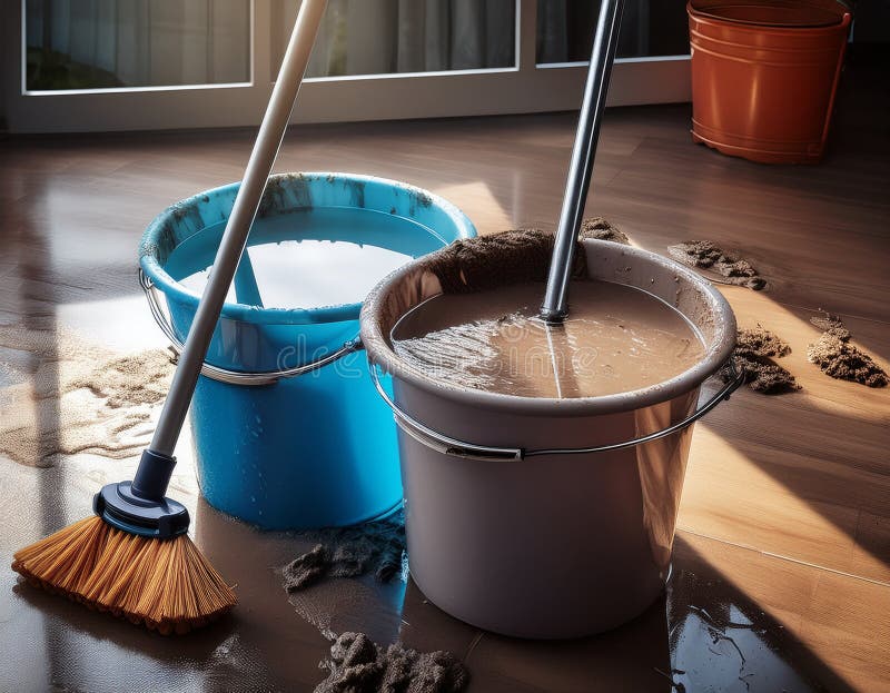 A Mop Bucket with Clean Water Placed beside a Dirt-filled Muddy Bucket ...