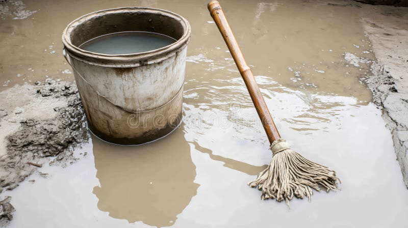 Mop and Bucket Standing in Dirty Water after Cleaning Stock ...