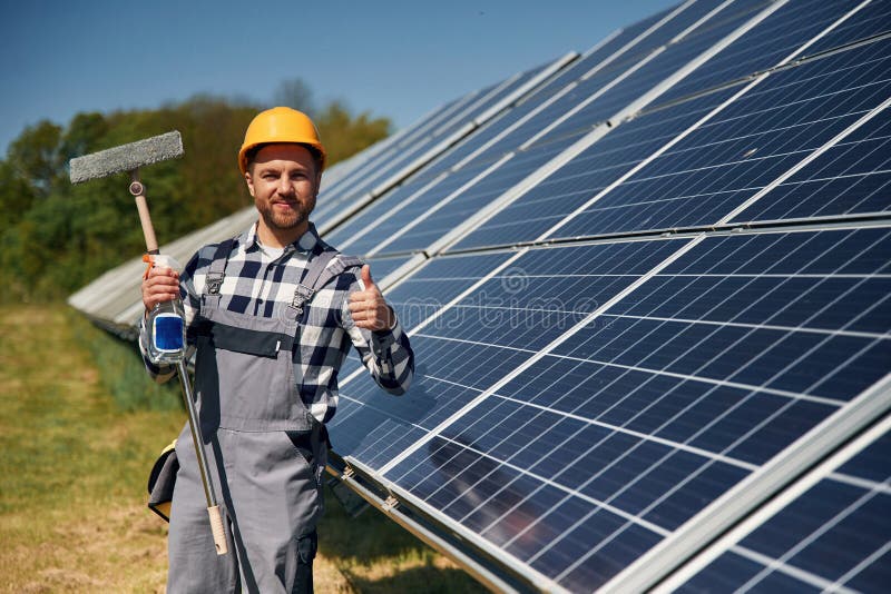 Mop Hands Cleans Surface Engineer Photovoltaic Solar Panels Outdoors ...