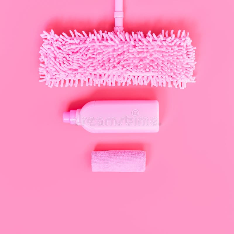 MOP, Rag and Detergent-pink Set on Pink Background for Spring Cleaning ...