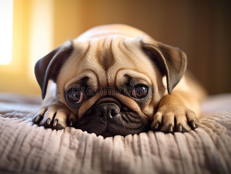 Mops Dog Stands on the Bed with Sadness Expression Stock Illustration ...