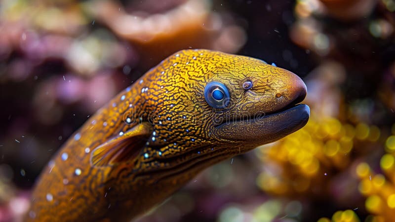 A Moray Eel Emerges from a Coral Reef, Showcasing Its Bright Colors and ...