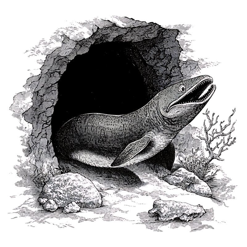 Moray Eel Emerging from Cave in Ocean Stock Illustration - Illustration ...