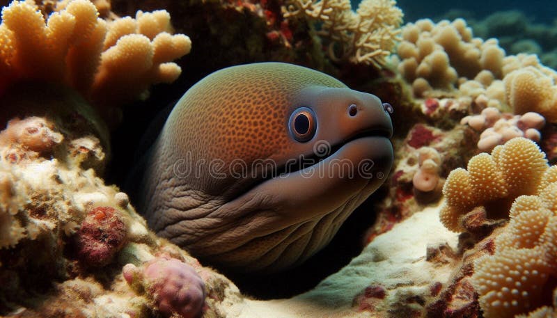 Moray Eel Emerging from a Coral Crevice Stock Illustration ...