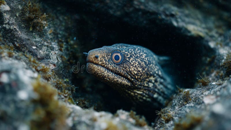 Moray Eel Peeking from Rocky Crevice Underwater. Stock Illustration ...