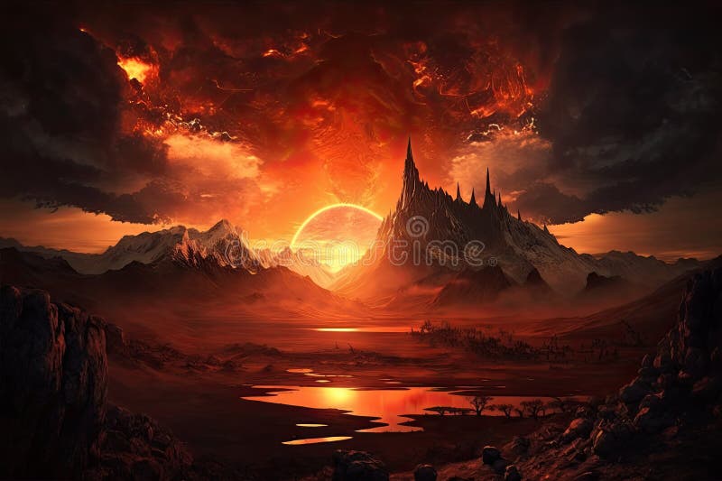 Mordor Landscape, with Fiery Sunrise in the Background Stock ...