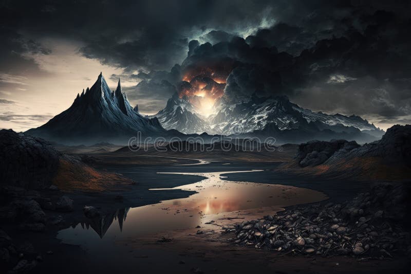 Mordor Landscape with Mountain Range and Foreboding Sky Stock ...