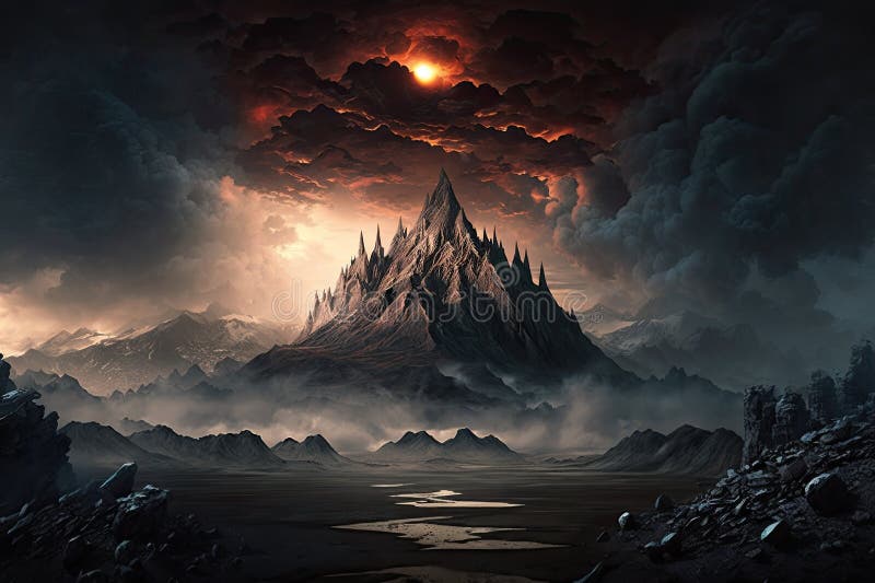 Mordor Landscape with Mountain Range and Foreboding Sky Stock ...