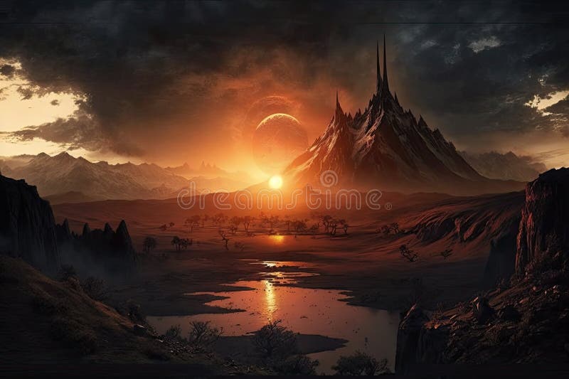 Mordor Landscape at Sunset, with the Sun Setting Behind Mount Doom ...