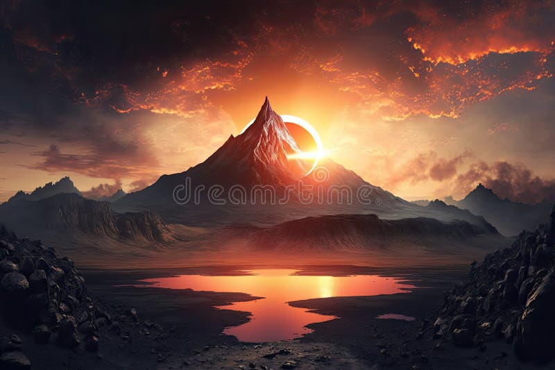 Mordor Landscape at Sunset, with the Sun Setting Behind Mount Doom ...