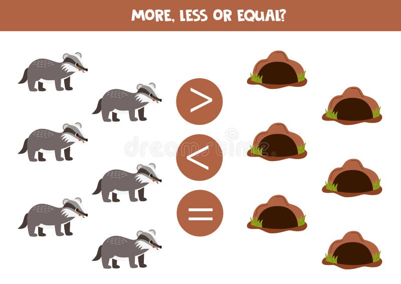 More, less or Equal with Cartoon Badgers and Burrows Stock Vector ...