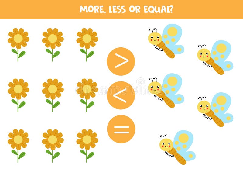 More, less or Equal with Cartoon Butterflies and Flowers Stock Vector ...