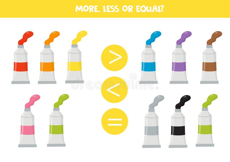 More, less, Equal with Cartoon Colorful Paint Tubes. Colorful Worksheet ...