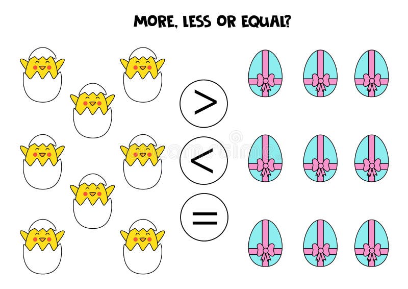 More, less or Equal with Cartoon Easter Eggs and Chicks Stock Vector ...