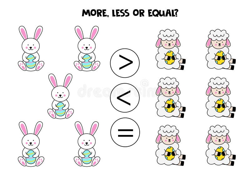 More, less, Equal with Cartoon Easter Lambs and Rabbits. Stock Vector ...