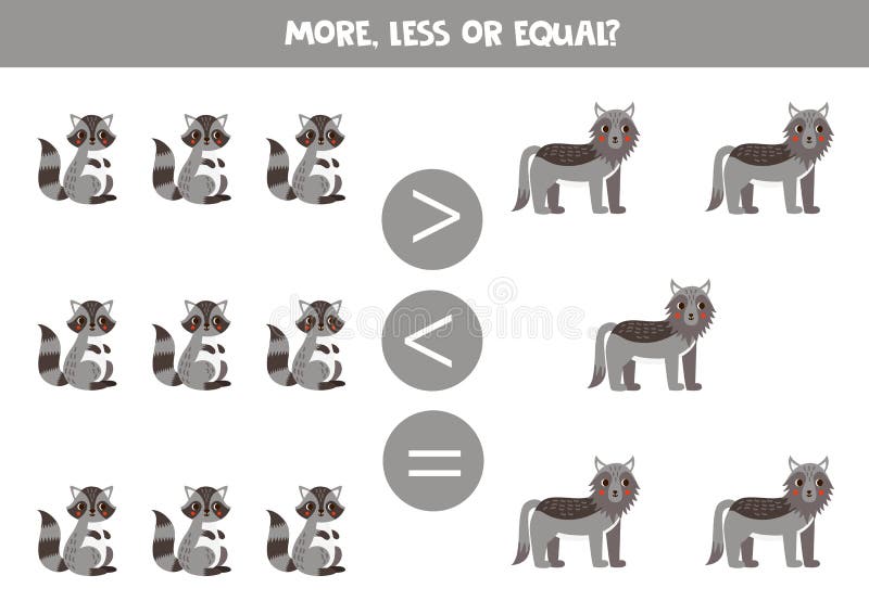 More, less or Equal with Cartoon Racoons and Wolves Stock Vector ...