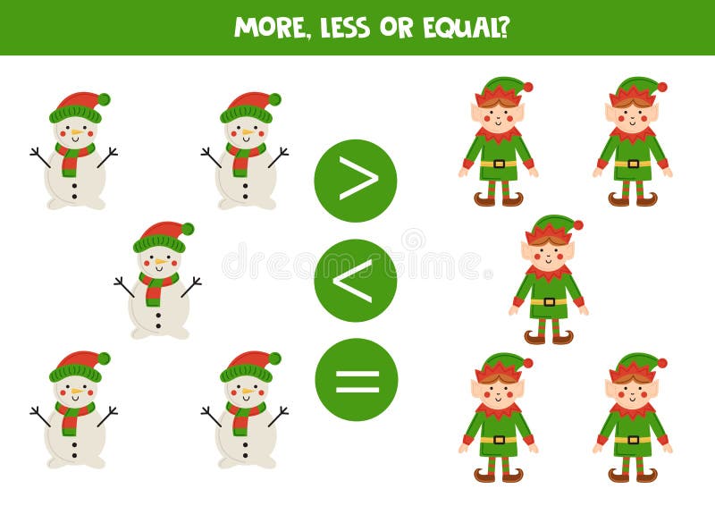 More, less or Equal with Cartoon Snowman and Elf Stock Illustration ...