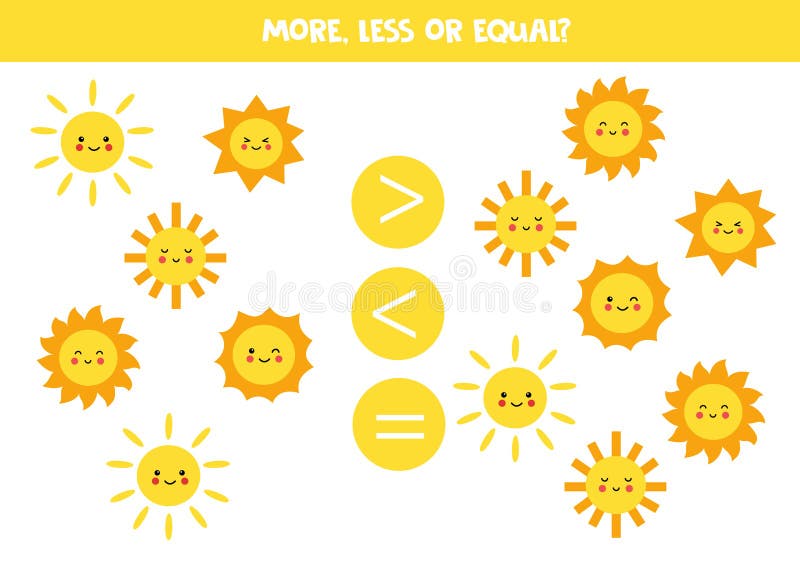 More, less, Equal with Cartoon Suns. Colorful Worksheet. Stock Vector ...