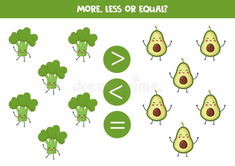 More, less or Equal with Cute Cartoon Avocado and Broccoli Stock Vector ...