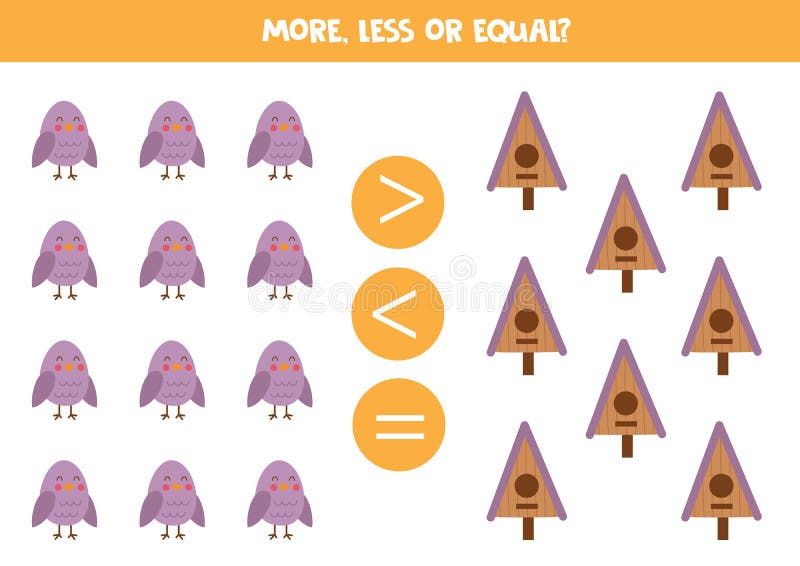 More, less or Equal with Cute Cartoon Birds and Birdhouses Stock ...