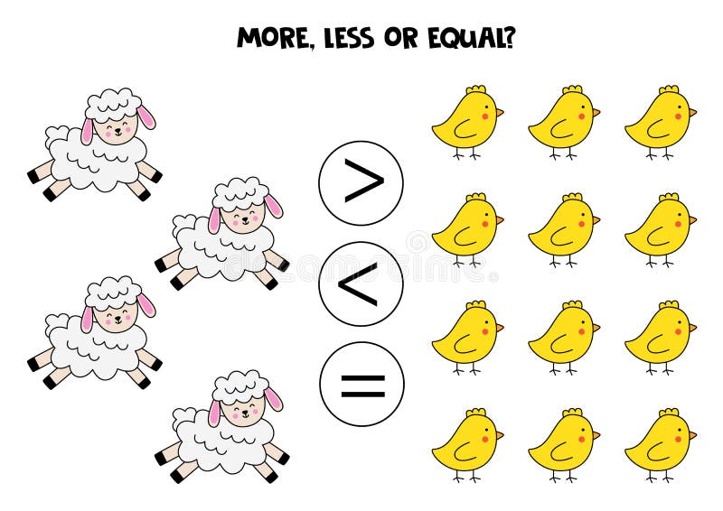 More, less or Equal with Cute Cartoon Easter Sheep and Chickens Stock ...