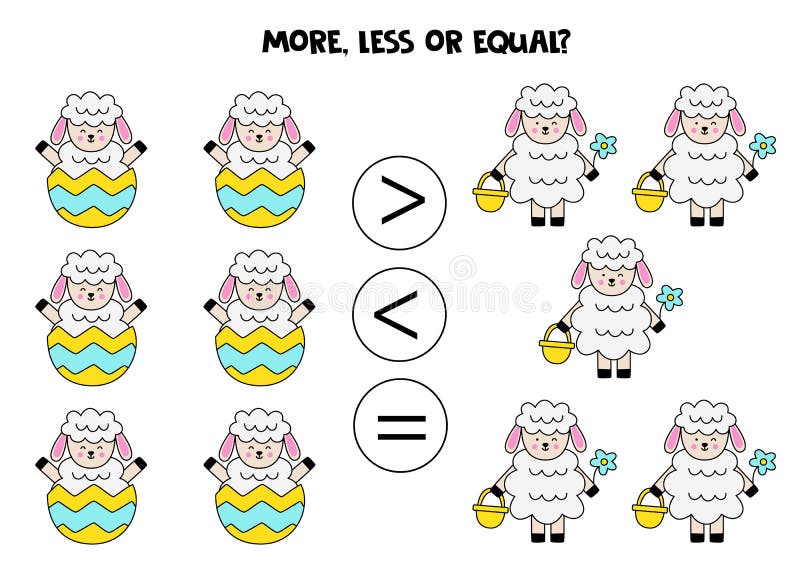 More, less or Equal with Cute Cartoon Easter Sheep Stock Vector ...